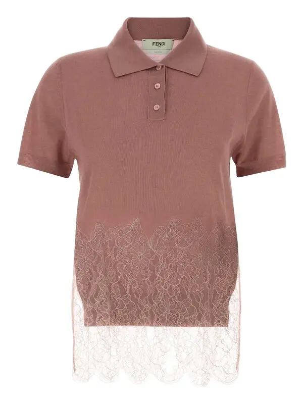Fendi Antiqued Cashmere Blend Polo Shirt With Lace Detail - Pink