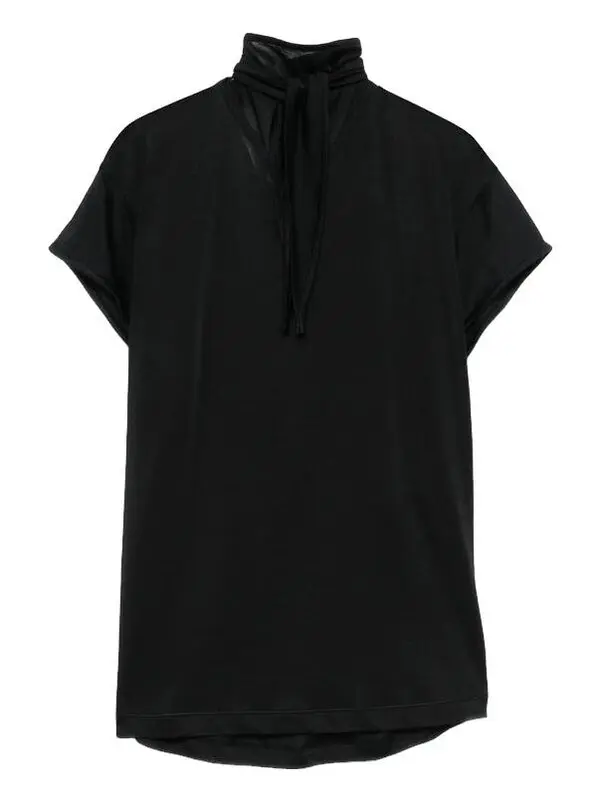LEMAIRE High Neck Front Tie Short Sleeve Top - Black