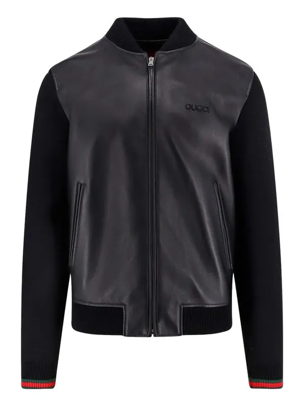 Gucci Leather And Wool Zip-up Jacket With Web Detail - Multicolor