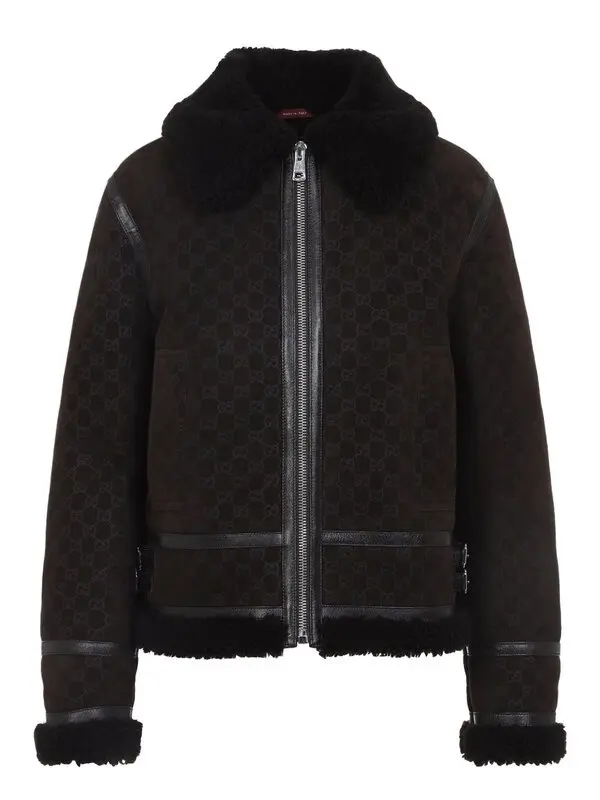 Gucci Gg Monogram Shearling Lined Suede Jacket - Brown