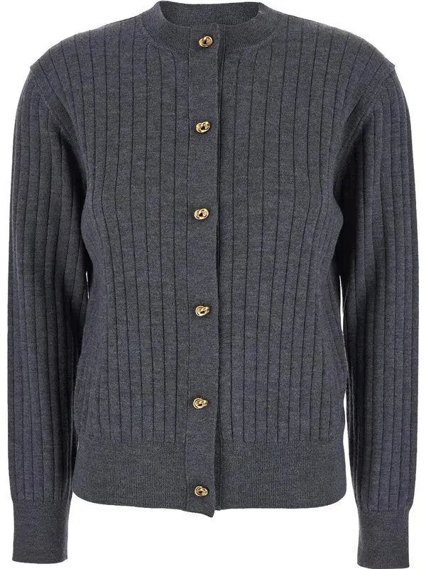 Bottega Veneta Grey Wool Crewneck Cardigan With Knot Button Closure - Multicolor