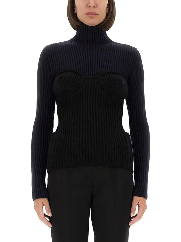 JEAN PAUL GAULTIER Slim Fit Merino Wool Knit Top With Corset Detail - Blue