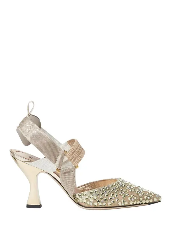 Fendi Crystal Embellished Mesh Slingbacks - Cream