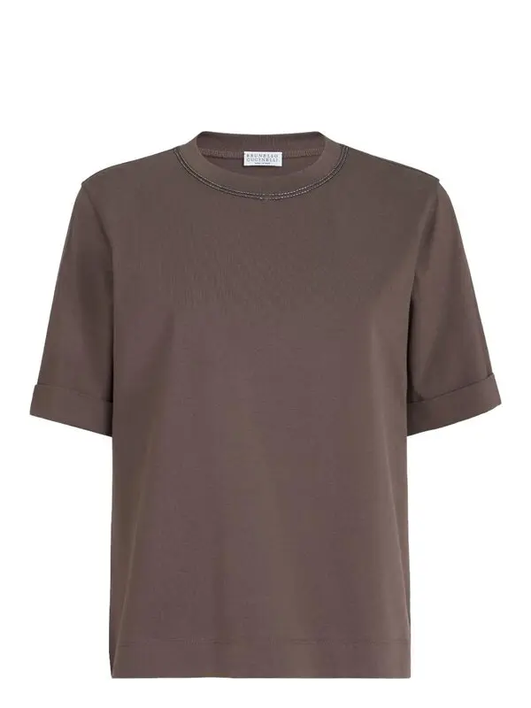 Brunello Cucinelli Brown Cotton T-shirt With Monili Trim - Multicolor