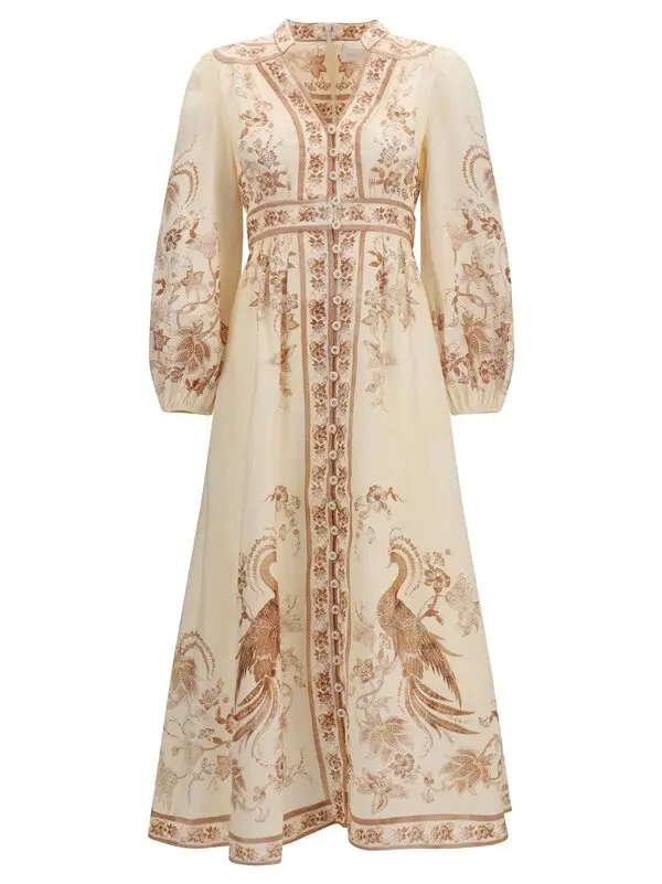 Zimmermann Indra Plunge Floral Midi Dress - Cream