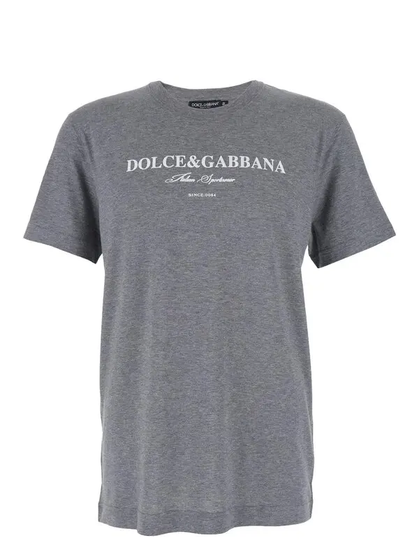 Dolce & Gabbana Grey Crewneck T-shirt With Logo Lettering Print On The Front In Cotton - Gray
