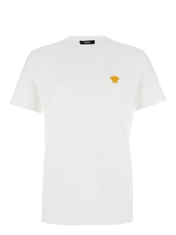 Versace White Crewneck T-shirt With Medusa Embroidery On The Front In Cotton - Multicolor