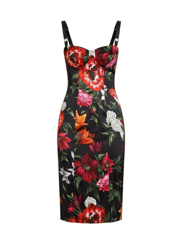 Dolce & Gabbana Black Floral Print Satin Dress - Multicolor