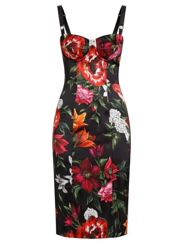 Dolce & Gabbana Black Floral Print Satin Dress - Multicolor