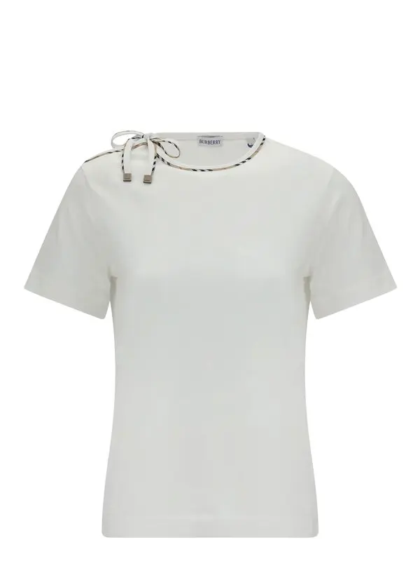 Burberry Cotton Lace-up T-shirt With Check Trim - White