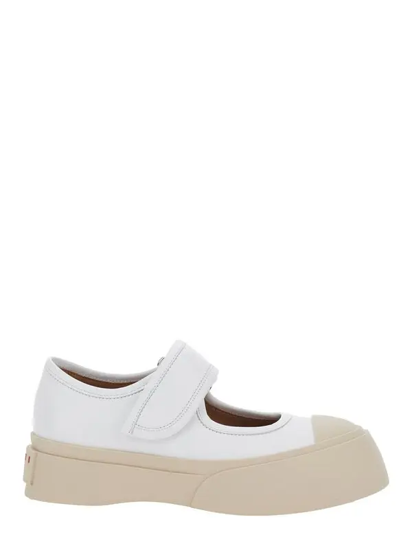 Marni Leather Mary Jane Sandals With Touch-strap Closure And Logo Patch - White