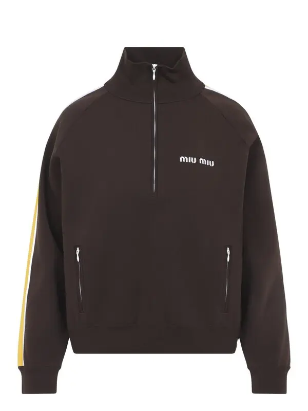 Miu Miu Polyamide Quarter Zip With Embroidered Logo - Brown