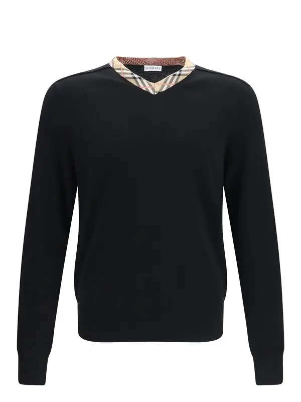 Burberry V-neck Wool Sweater With Check Trim - Black