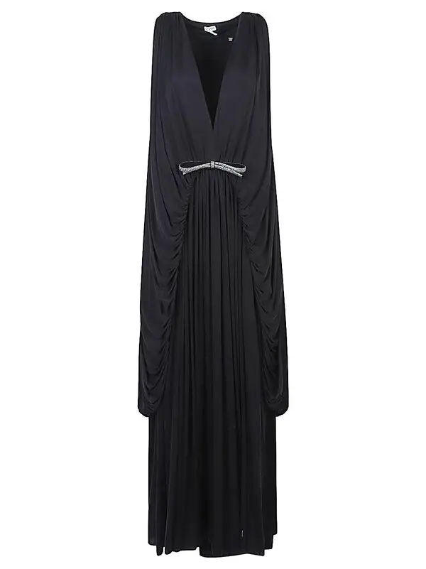 Loewe Silk Draped Long Dress With Crystal Embellished Suede Bow - Multicolor