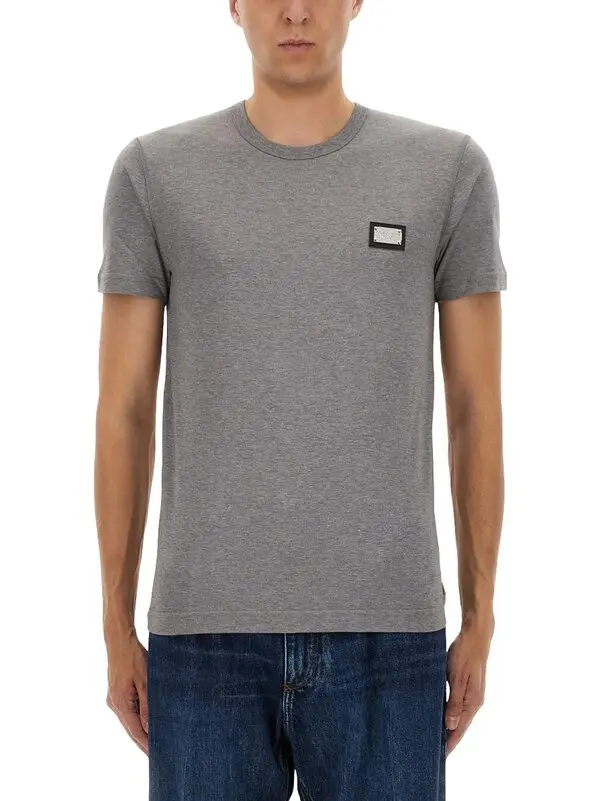 Dolce & Gabbana Cotton T-shirt With Logo Plaque - Gray