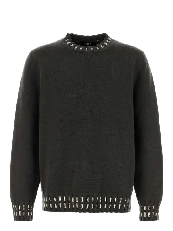 Fendi Wool Blend Sweater With Embellished Neckline And Hem - Gray