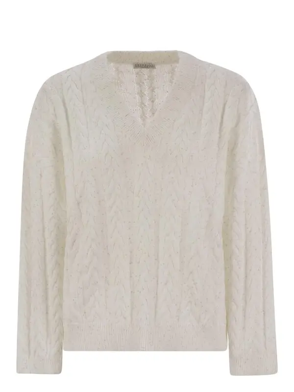 Brunello Cucinelli Double Cable Knit V-neck Pullover With Sequins - White