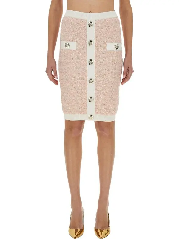 Balmain Tweed Midi Skirt With Button Detailing - Pink
