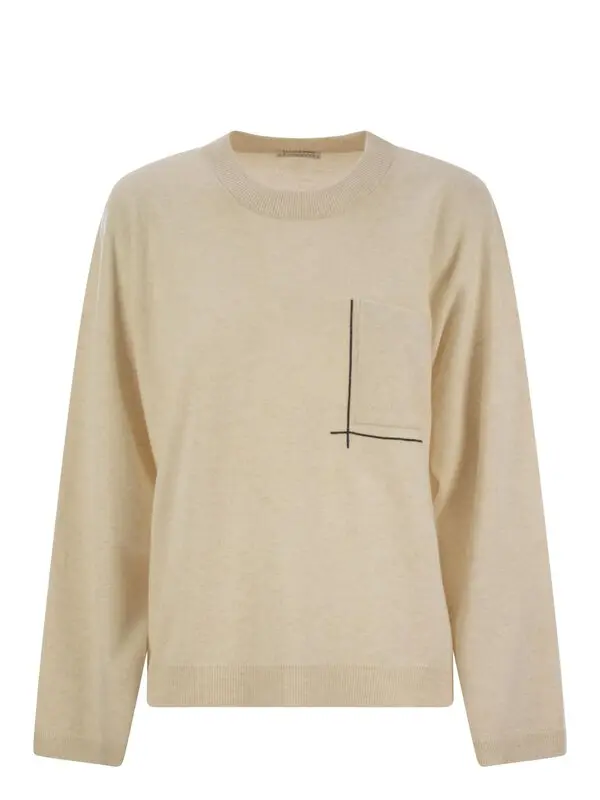 Brunello Cucinelli Virgin Wool, Cashmere, And Silk Sweater With Shiny Pocket Detail - Cream