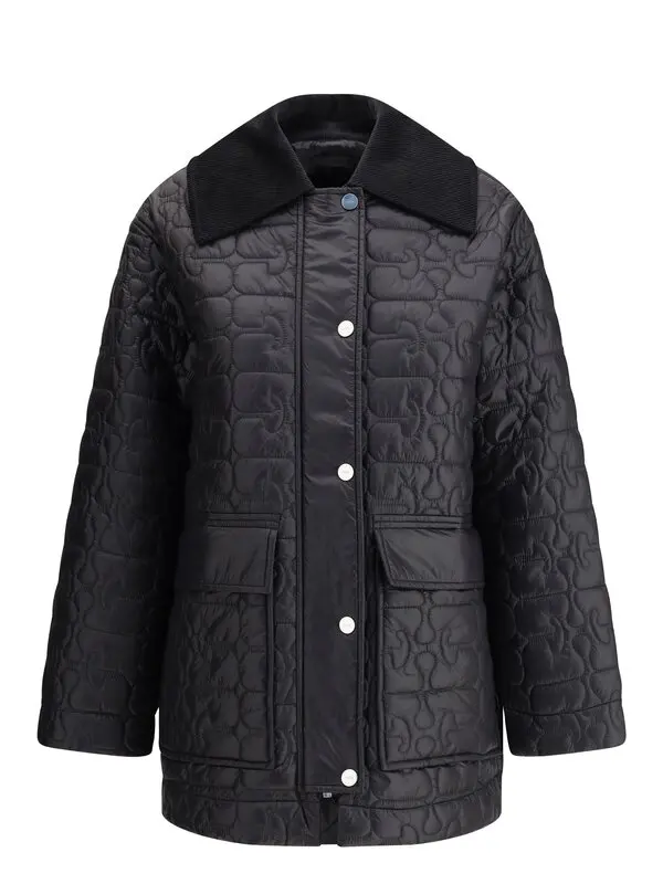 GANNI Quilted Glossy Finish Down Jacket With Corduroy Collar - Gray