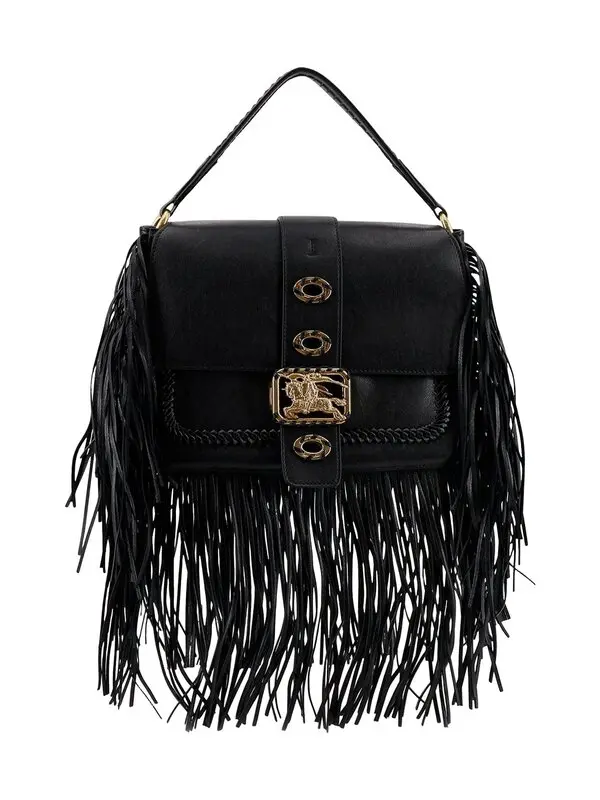 Burberry Rider Leather Shoulder Bag With Fringed Edges - Black