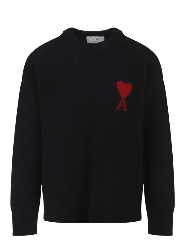 Ami Wool Crewneck Sweater With Red Logo Inlay - Black