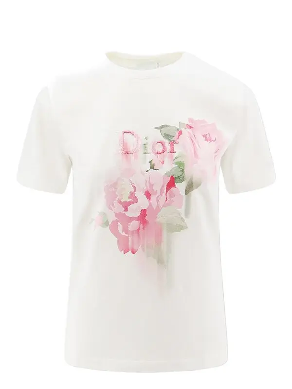 Dior Cotton T-shirt With Painted Roses Print - Multicolor