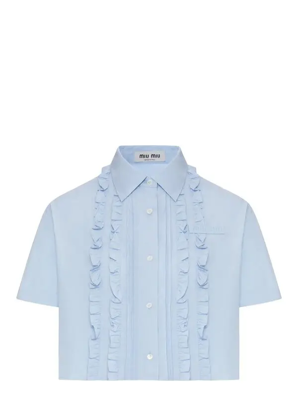 Miu Miu Cropped Poplin Shirt With Ruffled Details - Blue