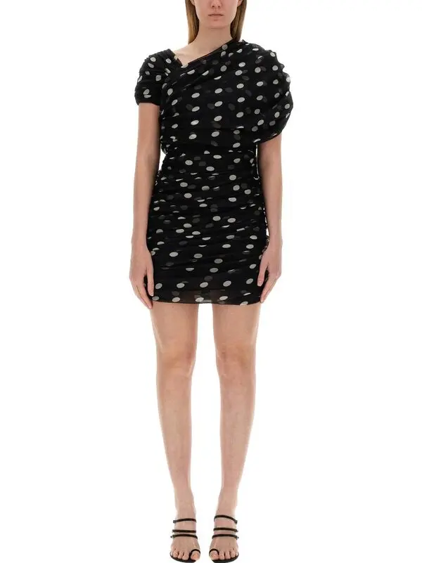 Saint Laurent Asymmetrical Gathered Polka Dot Dress - Black