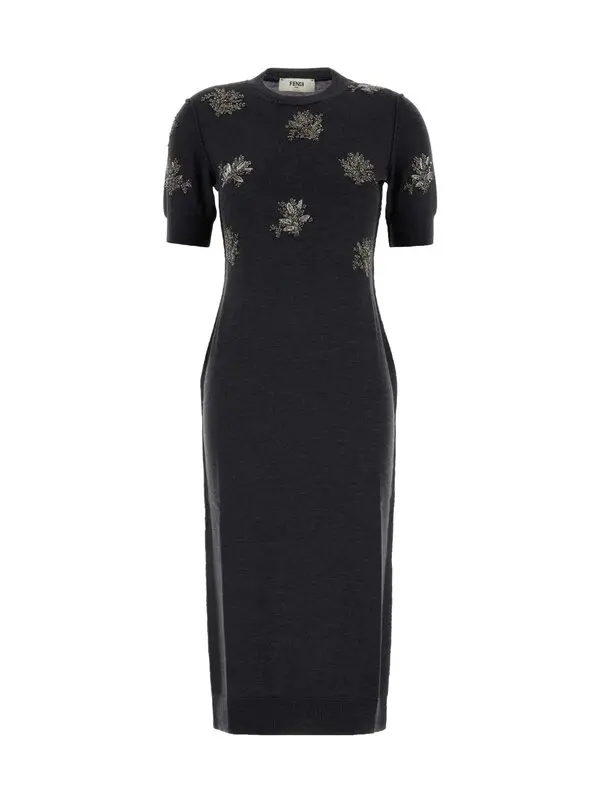 Fendi Charcoal Stretch Wool Dress With Embellishments - Gray