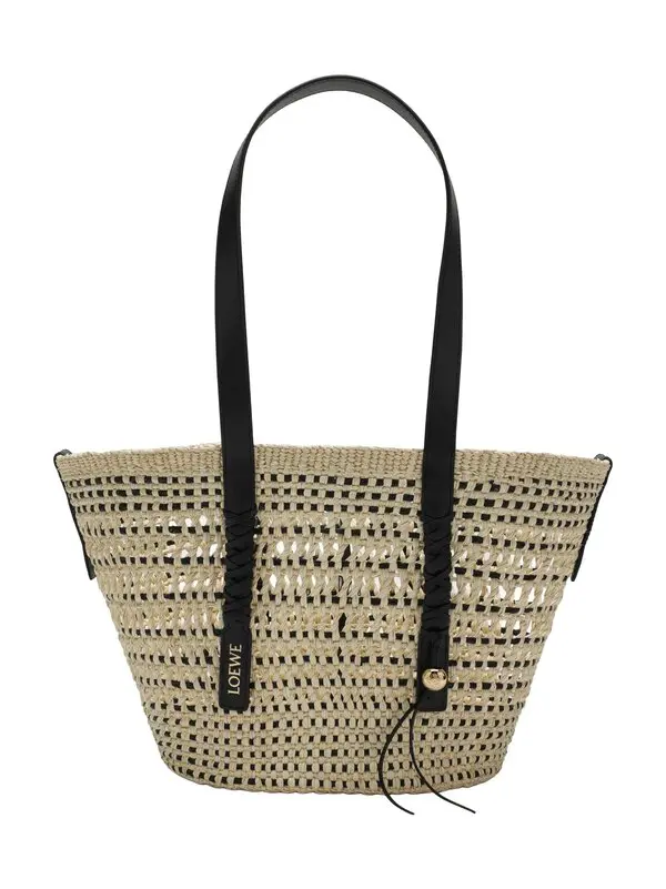 Loewe Medium Basket Bag In Iraca Palm And Leather - Cream