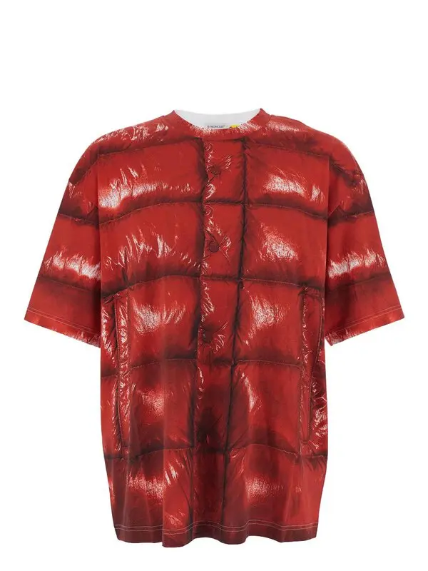 Moncler Red Crewneck T-shirt With Quilted Effect Graphic Print On The Front And Logo Lettering On The Rear In Cotton - Multicolor