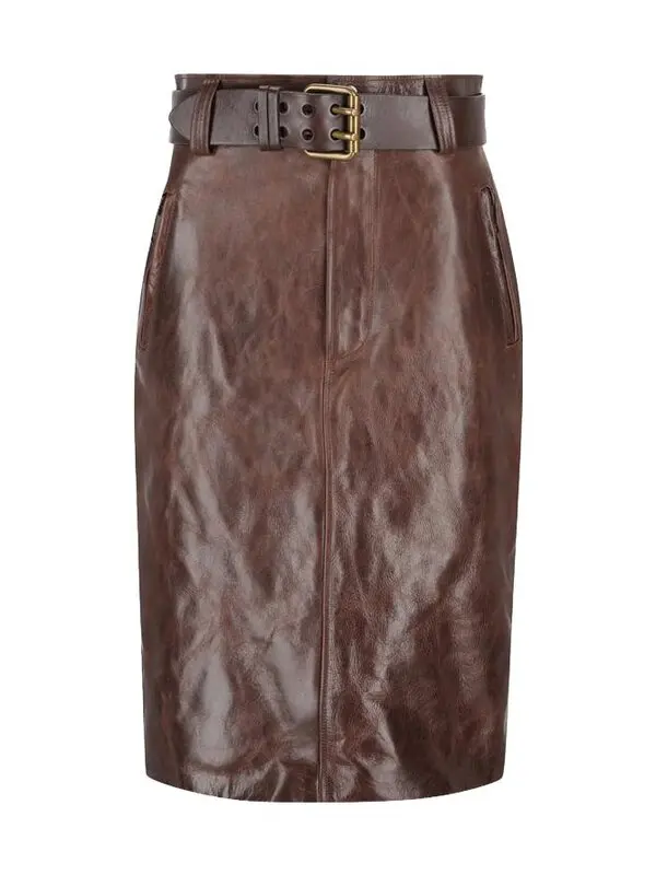 Saint Laurent Leather Pencil Skirt With Belt - Brown