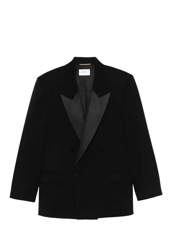 Saint Laurent Wool Peak Lapel Double Breasted Blazer - Black