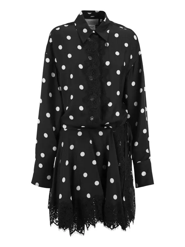 Sportmax Polka Dot Silk Shirt Dress With Lace Inserts - Black