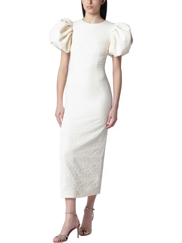 ROTATE BY BIRGER CHRISTENSEN Jacquard Puff Sleeve Midi Dress - White