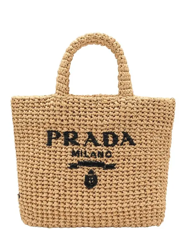 Prada Small Raffia Effect Crochet Shopping Bag - Cream