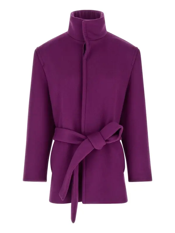 Saint Laurent Double-face Wool Short Coat With High Neck And Belt - Purple