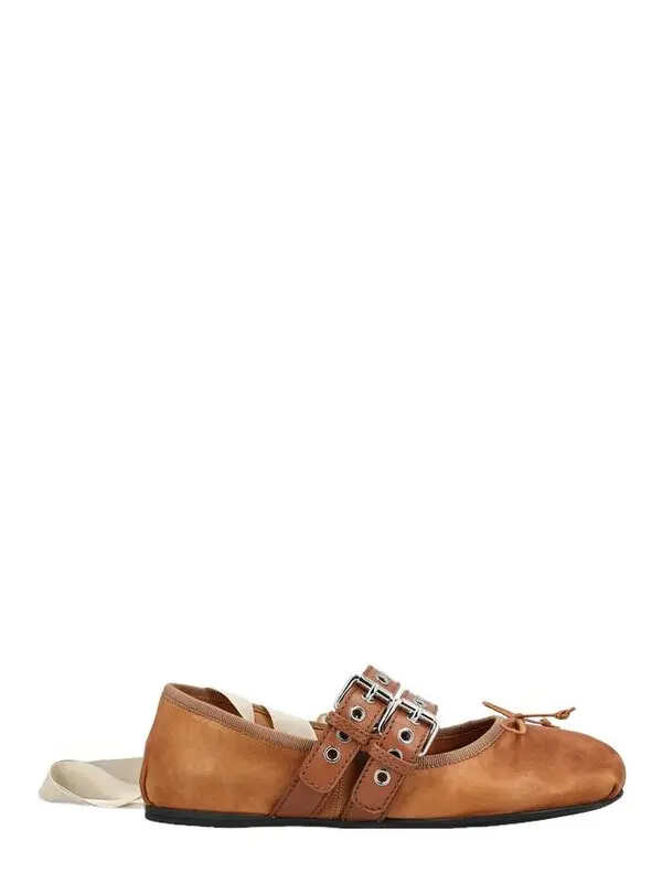 Miu Miu Lambskin Ballet Flats With Buckle Strap And Ribbon Detail - Brown