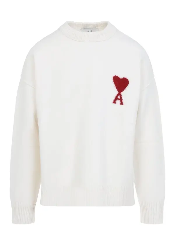Ami Wool Crewneck Sweater With Logo Inlay - White