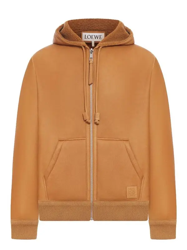 Loewe Shearling Zip-up Jacket With Drawstring Hood - Tan