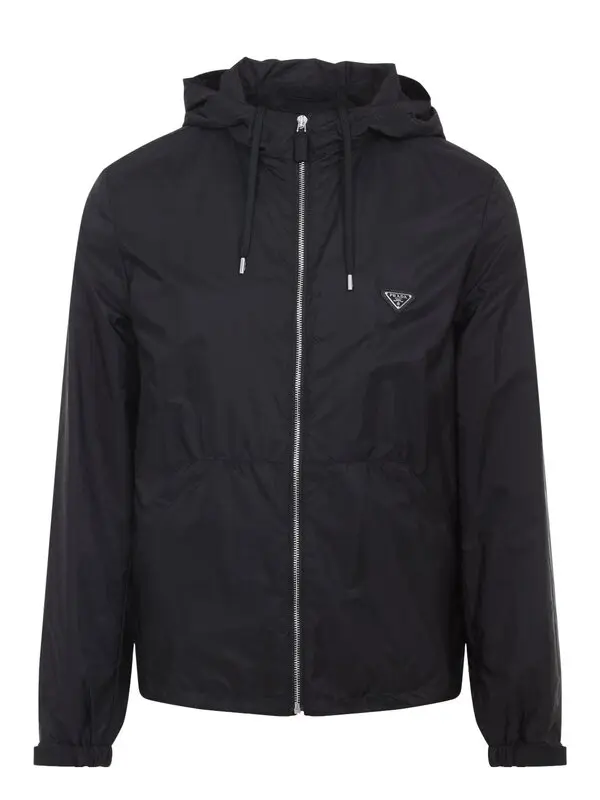 Prada Hooded Zip-up Jacket With Signature Logo Patch - Black