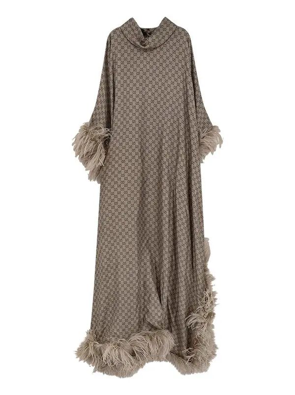 Gucci Silk Kaftan Dress With Feather Trim - Multicolor