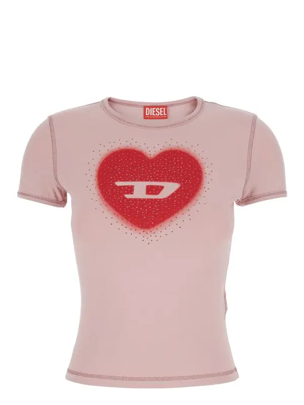 DIESEL® Round Neck Cotton T-shirt With Embellished Heart Detail - Pink