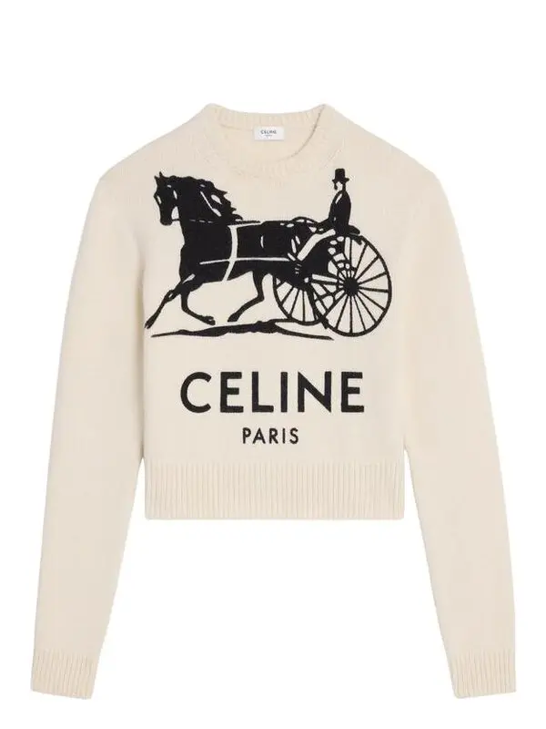 Celine Cashmere Crew Neck Sweater With Horse And Carriage Print - White