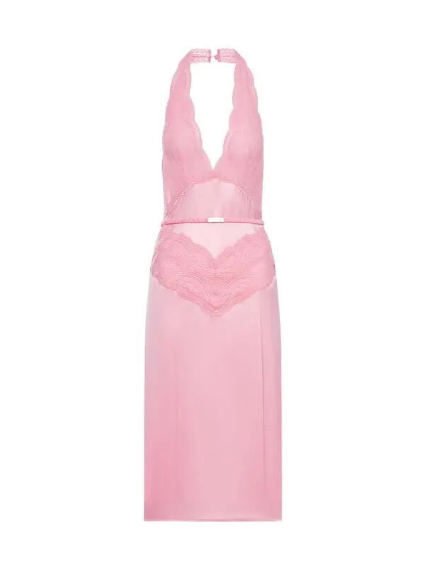 Gucci Silk Satin Halterneck Dress With Lace Trim - Pink