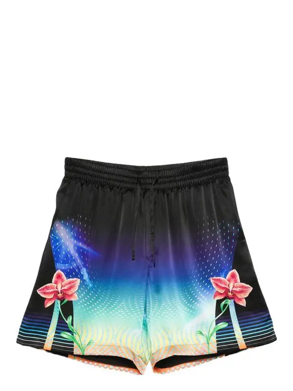 Casablanca Floral Print Silk Track Shorts - Black