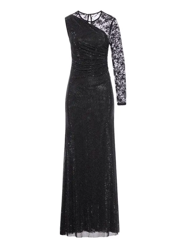 SELF-PORTRAIT Dress With Rhinestone And Lace Sleeves - Black