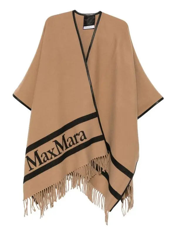 Max Mara Wool Cape With Fringe And Logo Detail - Brown