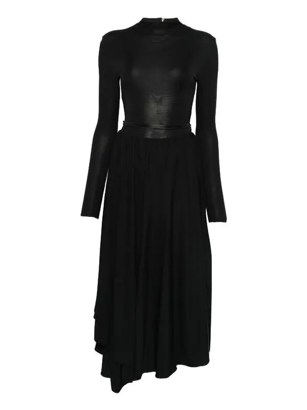 Alaïa Long Sleeve High Neck Asymmetrical Hem Day Dress - Black